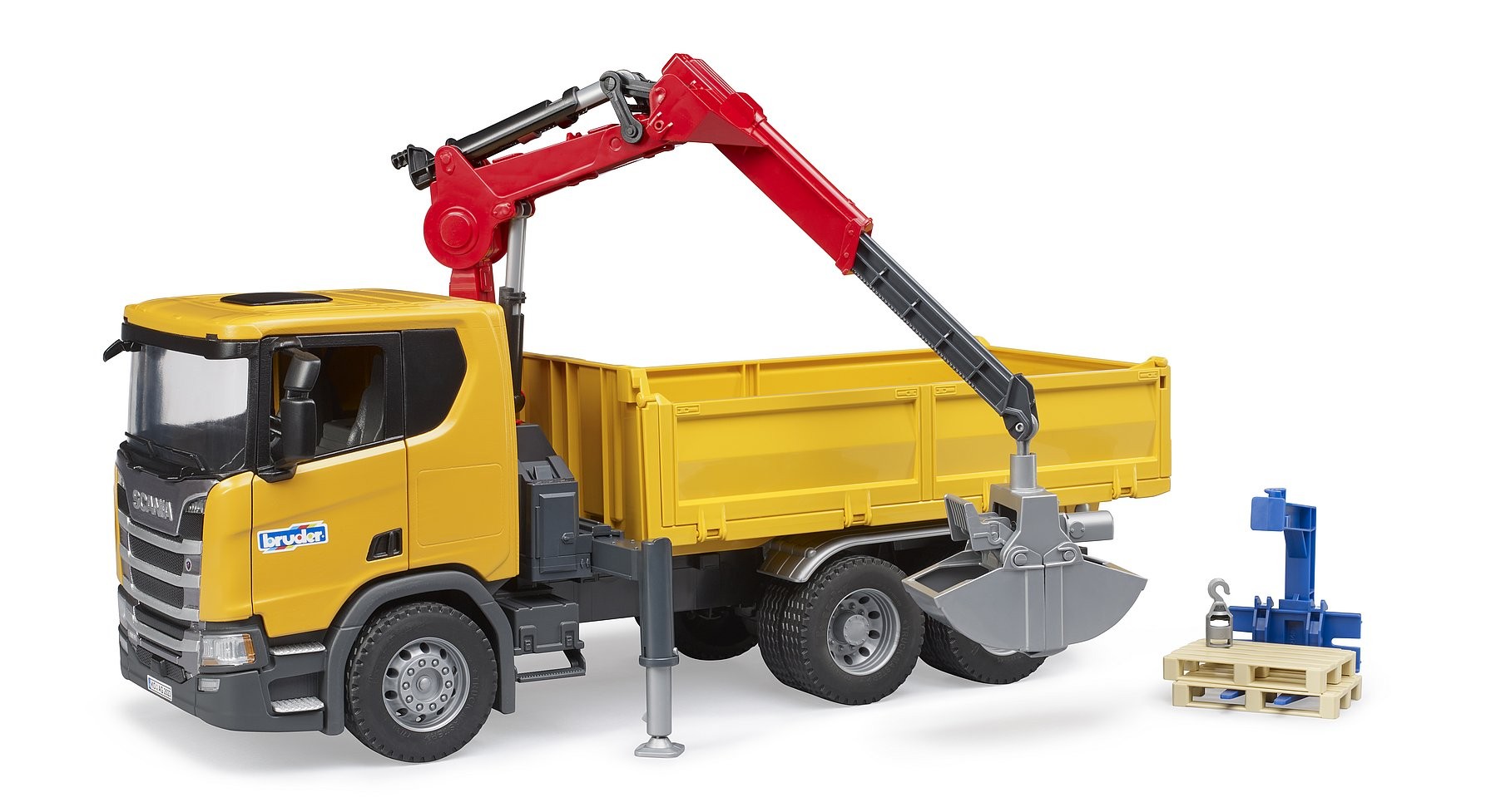 BRUDER 03551 Camion da cantiere Scania Super 560R con gru e 2 pall...